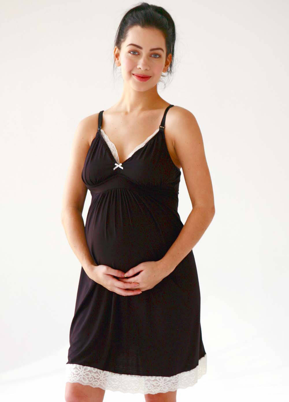 Lotus Lace Trim Maternity Nursing Chemise in Black by Belabumbum