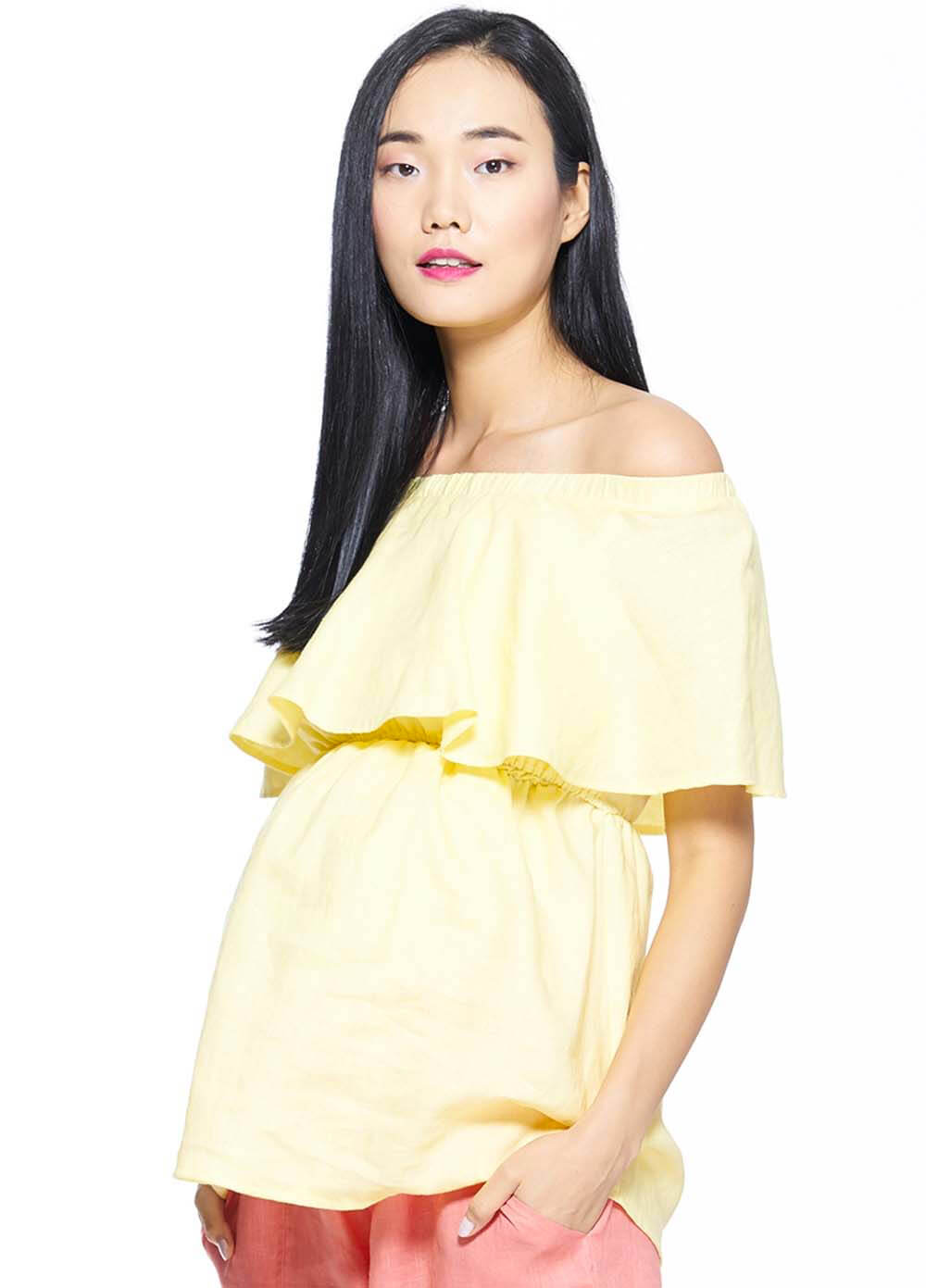 Peony Off Shoulder Maternity Nursing Top in Yellow by Milky Way